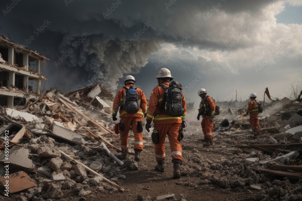 Rescuers wearing orange uniforms dismantling the rubble after the ...