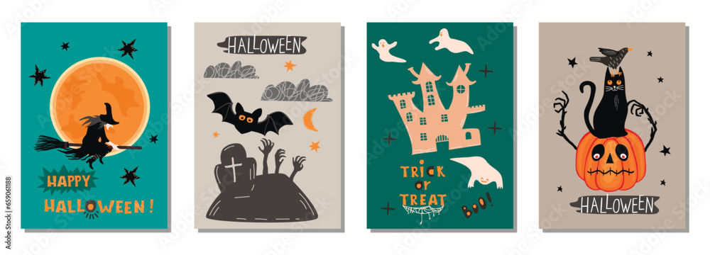 Cartoon Halloween card collection with handwritten text and funny ...