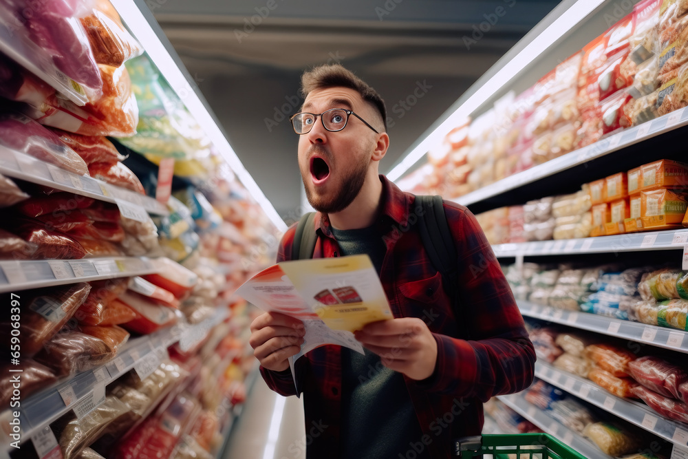 A shopper with a shocked expression while looking at price tags ...