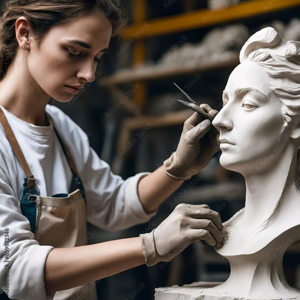 Escultora trabajando creando una escultura de un busto de una mujer ...