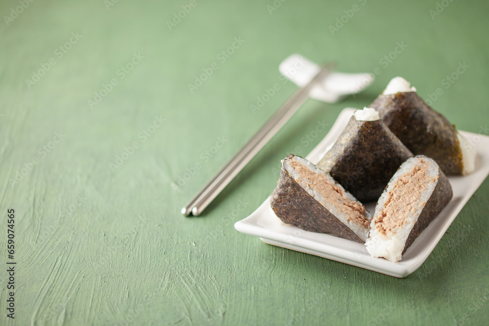 Korean triangle kimbap Samgak made with nori, rice and tuna fish. Copy ...