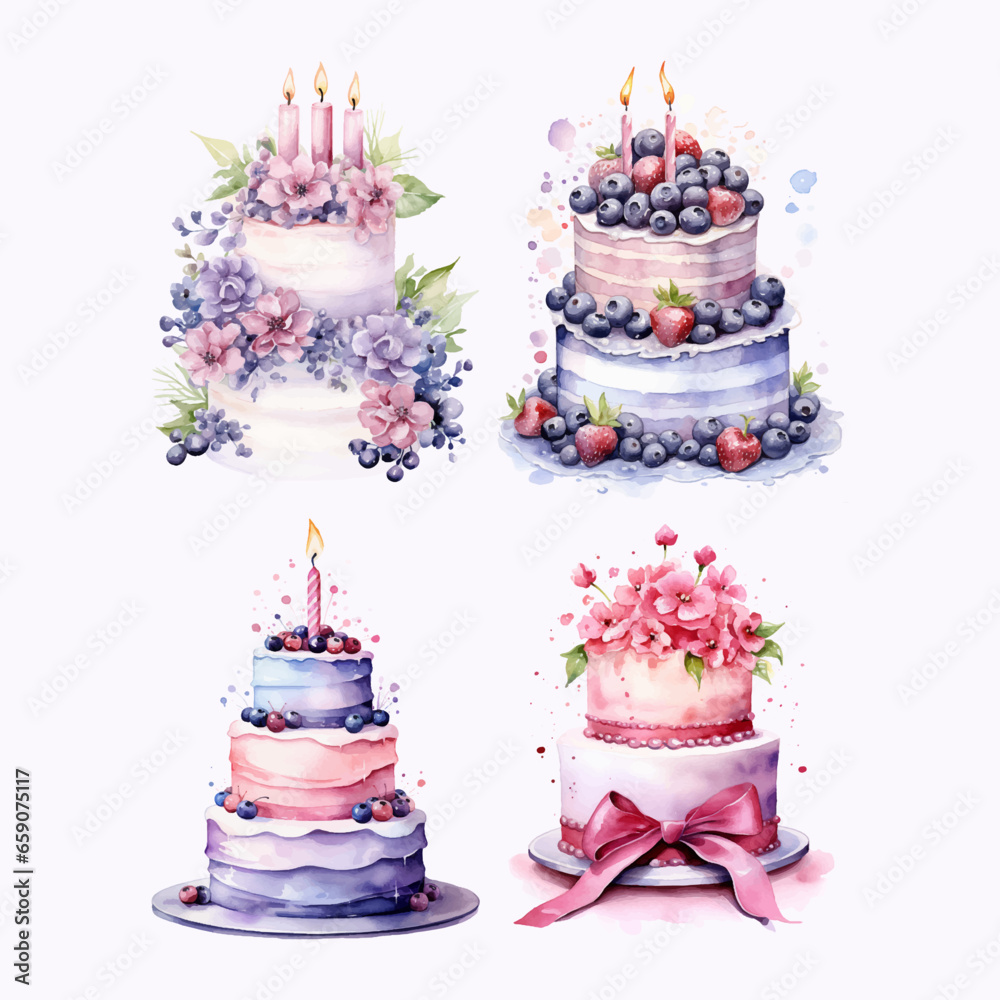 Watercolor birthday cake dessert clip art, Watercolor cakes clip art ...