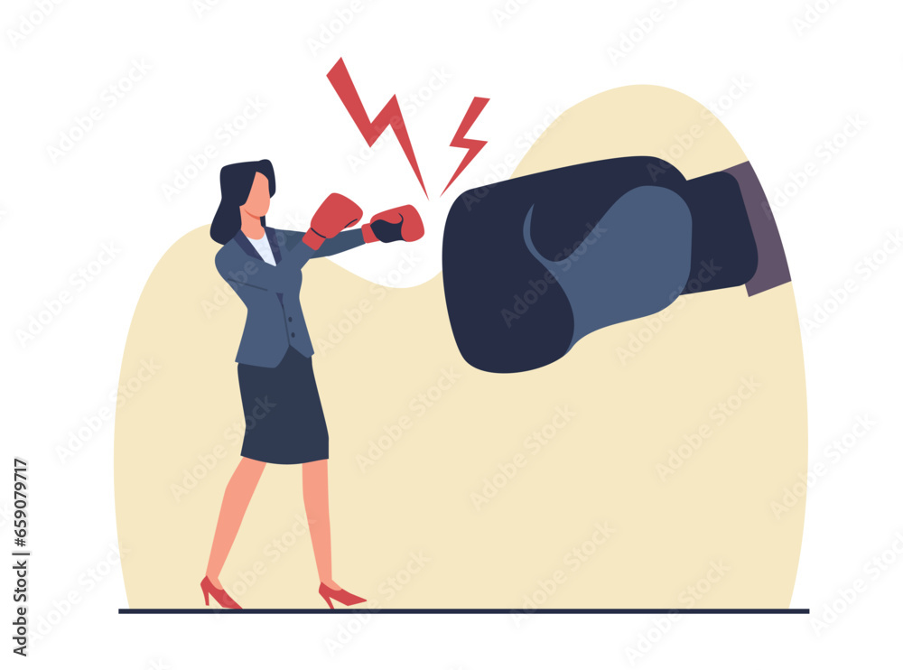 Female businessman boxing with big hand, concept of unfair competition ...