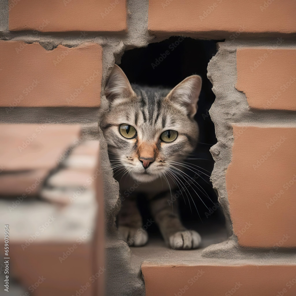 Gato asomado a un agujero de una pared de ladrillos Stock Photo | Adobe ...