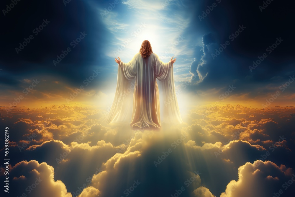 Jesus in clouds watching over city looking down from heaven Stock ...