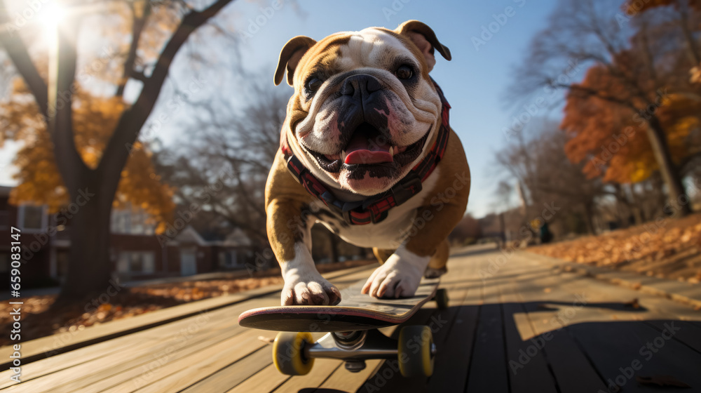 Bulldog skateboarder effortlessly maneuvers through bustling city park ...
