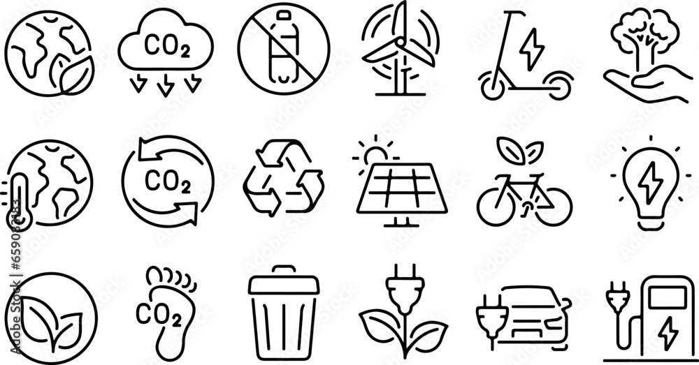 Icon set about carbon footprint, CO2 neutral, sustainable development ...
