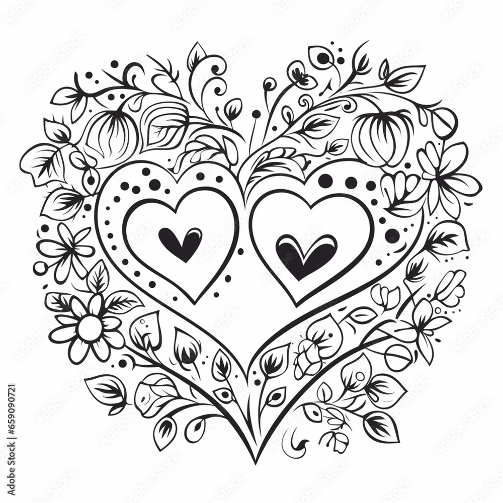 Mandala in the shape of a heart black and white coloring page for the ...