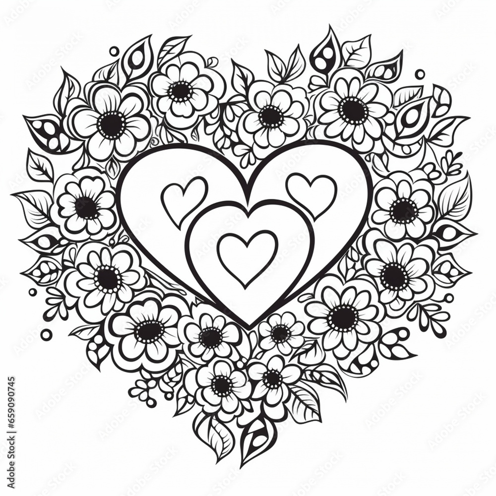 Mandala in the shape of a heart black and white coloring page for the ...