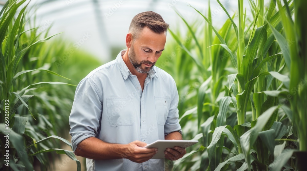 A forward-thinking farmer stands in a lush cornfield, using a digital ...