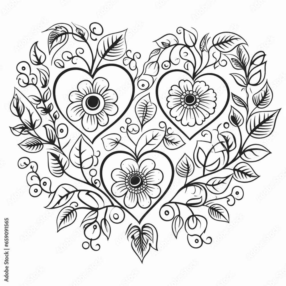 Mandala in the shape of a heart black and white coloring page for the ...