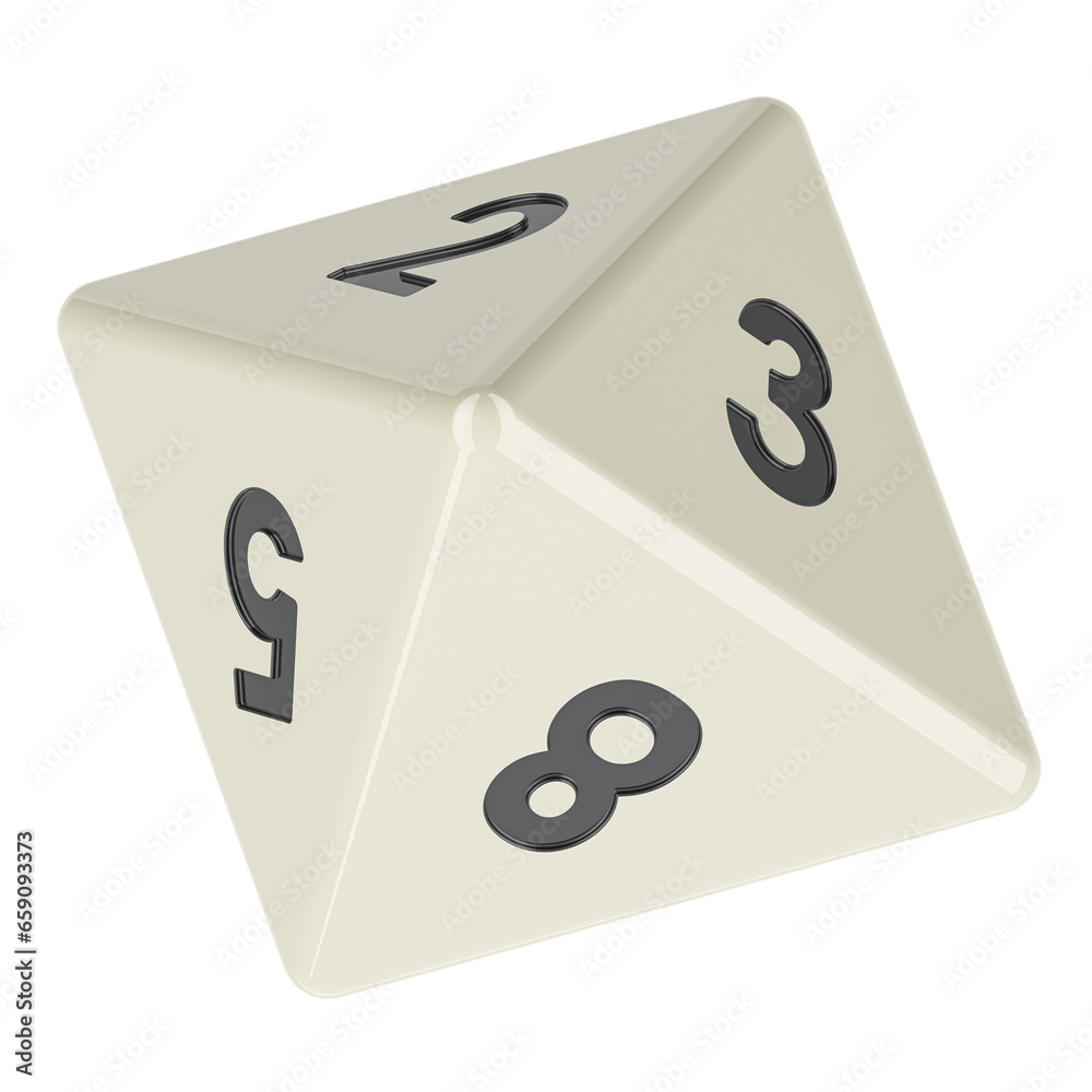 White 8 sided die, octahedron dice, 3D rendering isolated on ...