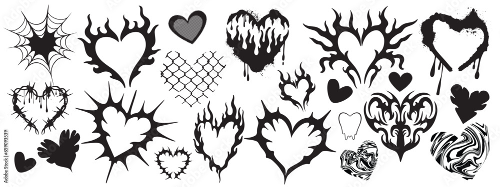 Heart tattoo Neo tribal set, gothic rock flame shape kit, vector u2k ...
