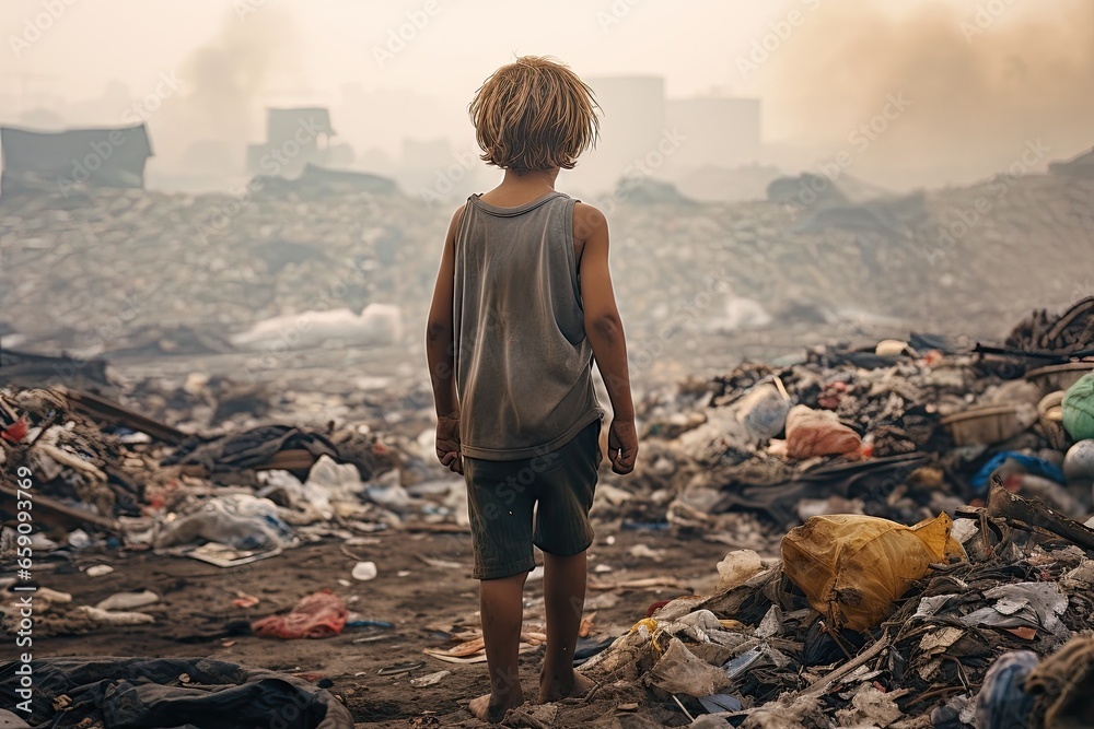 The poor little boy is standing on a smoking dump on the outskirts ...
