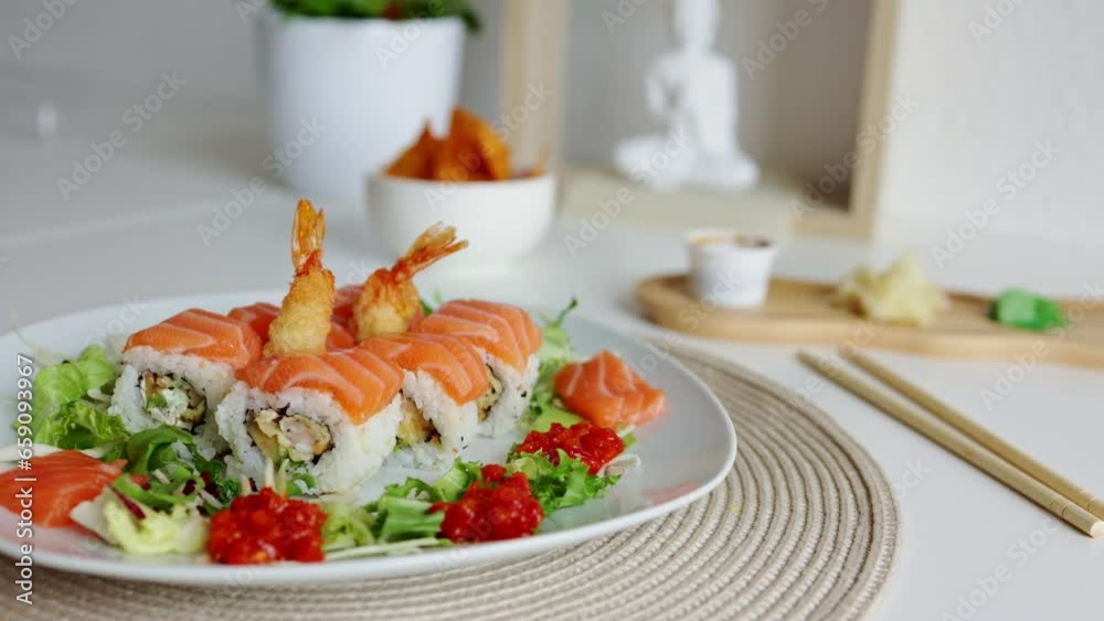 Overhead japanese sushi food. Maki ands rolls with salmon, shrimp, crab ...