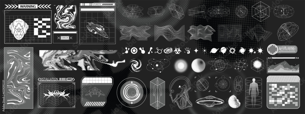 Futuristic y2k graphic icon set, vector retro wave sci-fi display ...