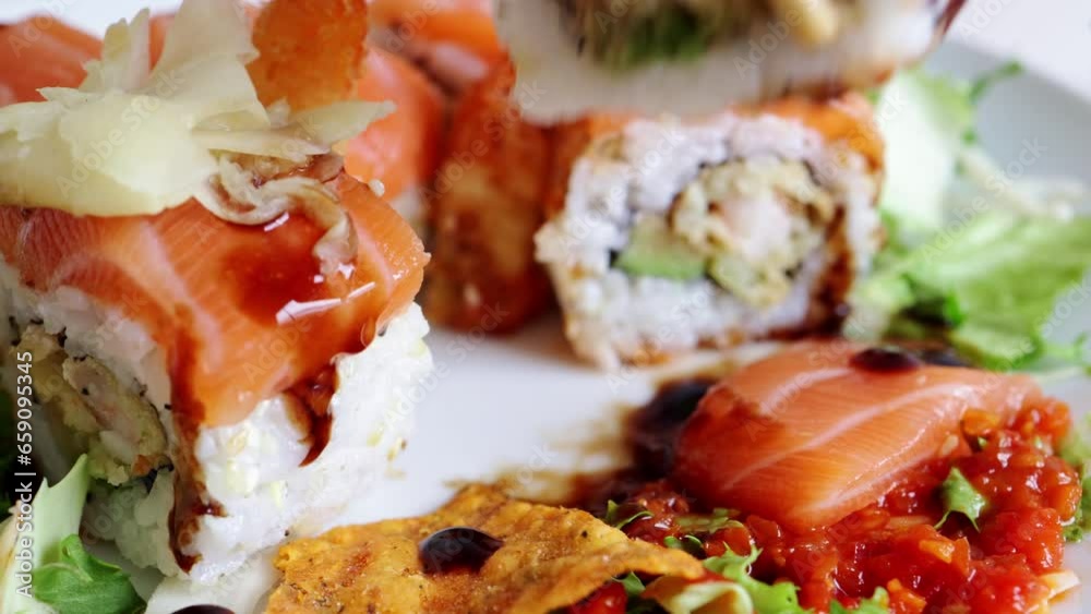 Overhead japanese sushi food. Maki ands rolls with salmon, shrimp, crab ...