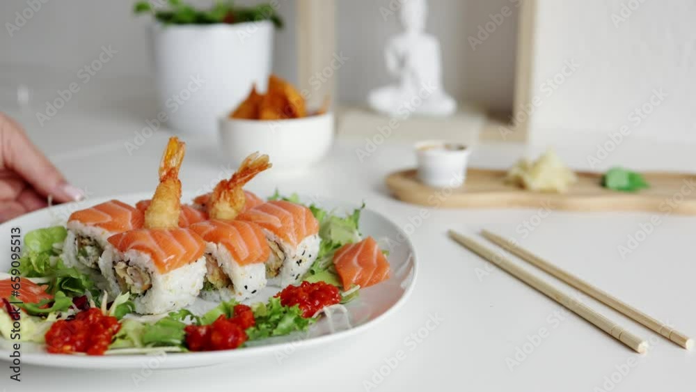Overhead japanese sushi food. Maki ands rolls with salmon, shrimp, crab ...