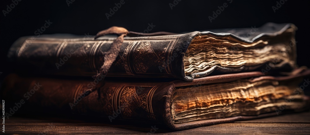 Old Jewish books with worn leather binding and a blurred open Torah in ...