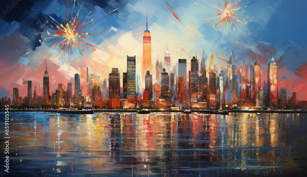 Abstract New York Skyline with Colorful Fireworks - Celebrating 2024's ...