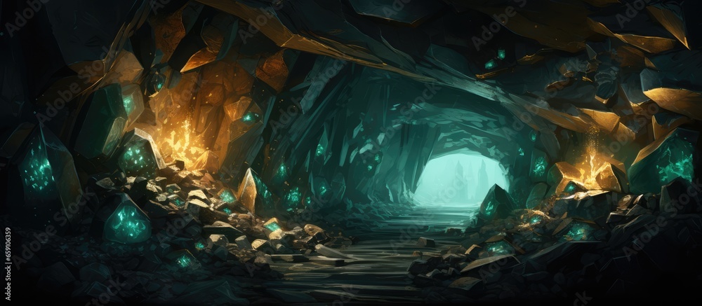 Digital illustration of a breathtaking underground mine with gold ...