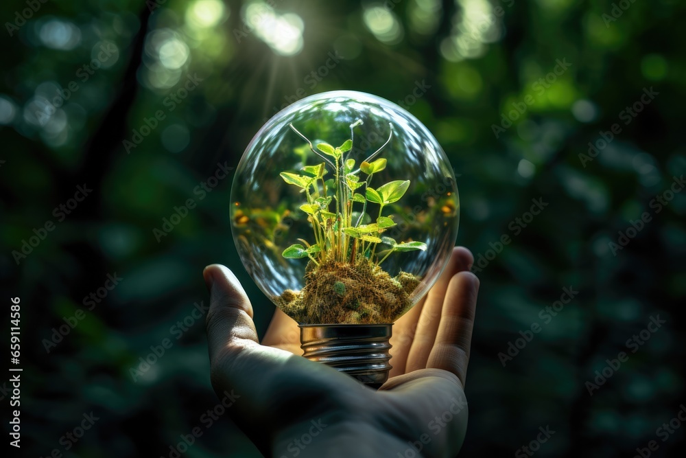 Renewable energy light bulb in forest with green energy, Earth Day or ...