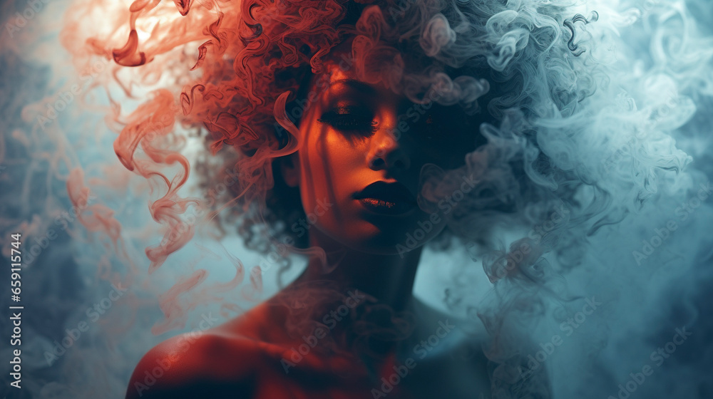 mysterious woman in smoke with beautiful hair portrait, crimson red ...