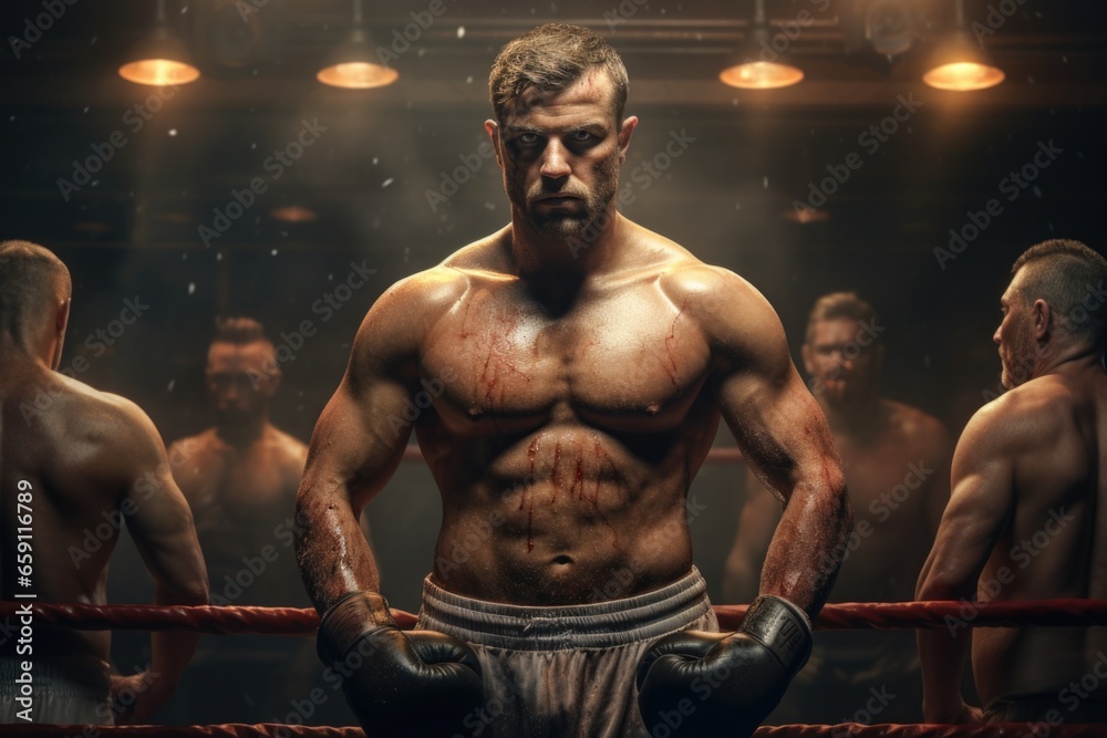 A shirtless man standing confidently in a boxing ring. This image can ...