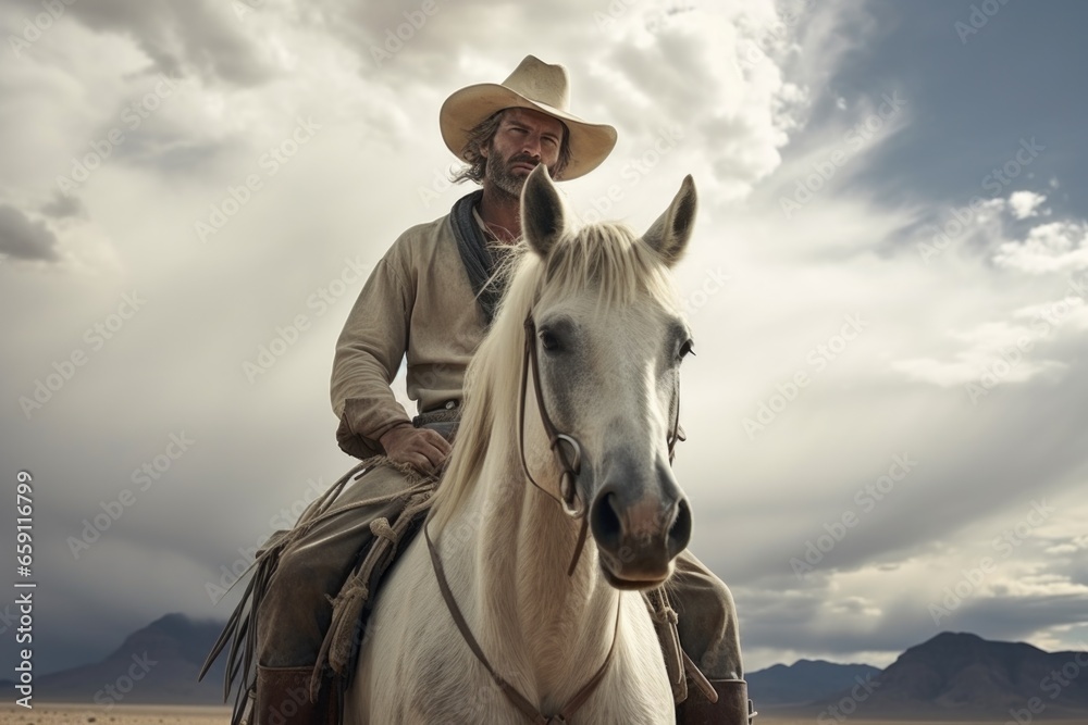 A man wearing a cowboy hat riding a majestic white horse. Perfect for ...