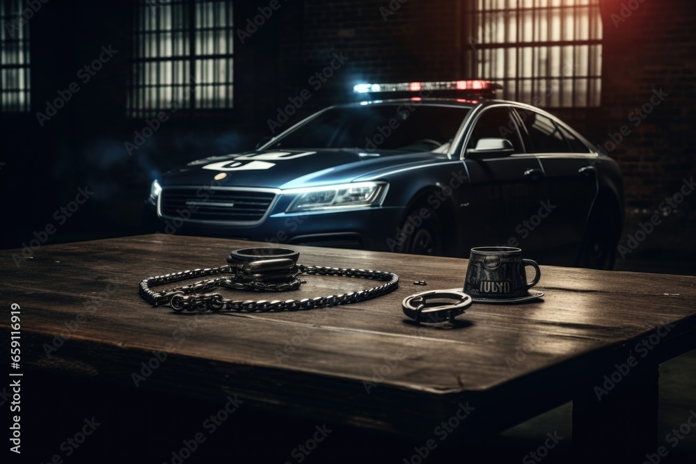 A police car is parked next to a table with handcuffs on it. This image ...