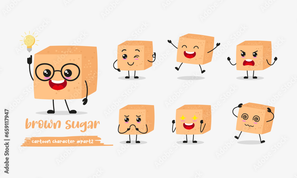 cute brown sugar cartoon with many expressions. food different activity ...