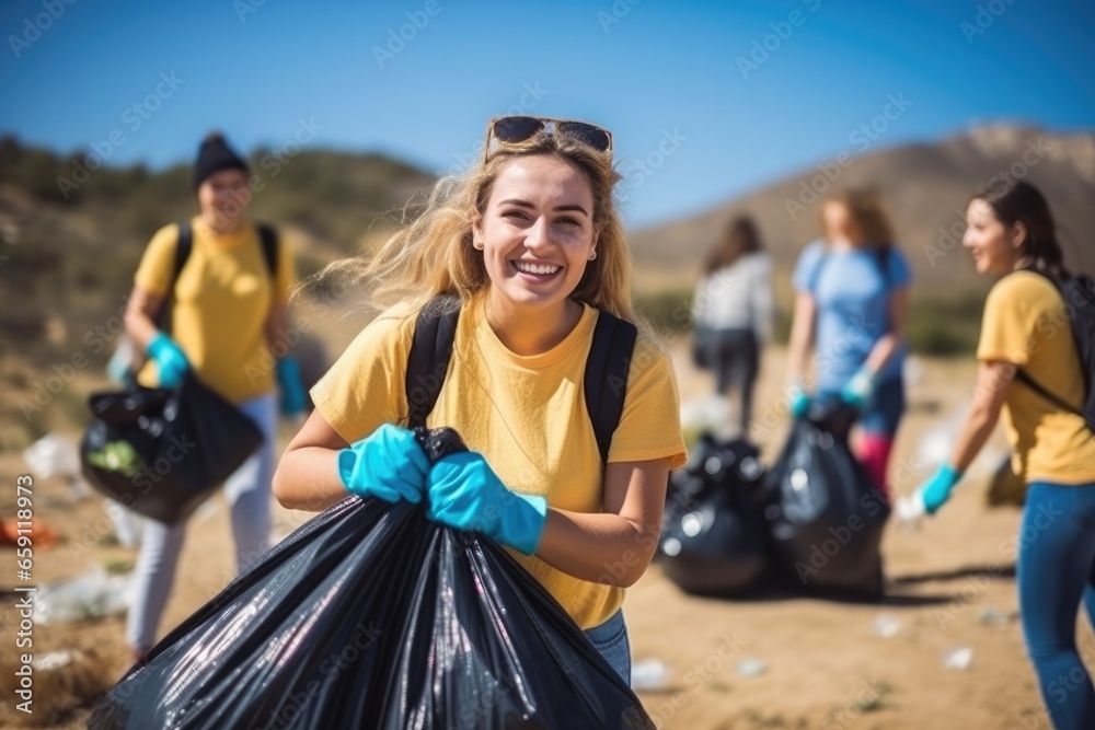 Young woman and team of volunteer worker enjoy with project cleaning up ...