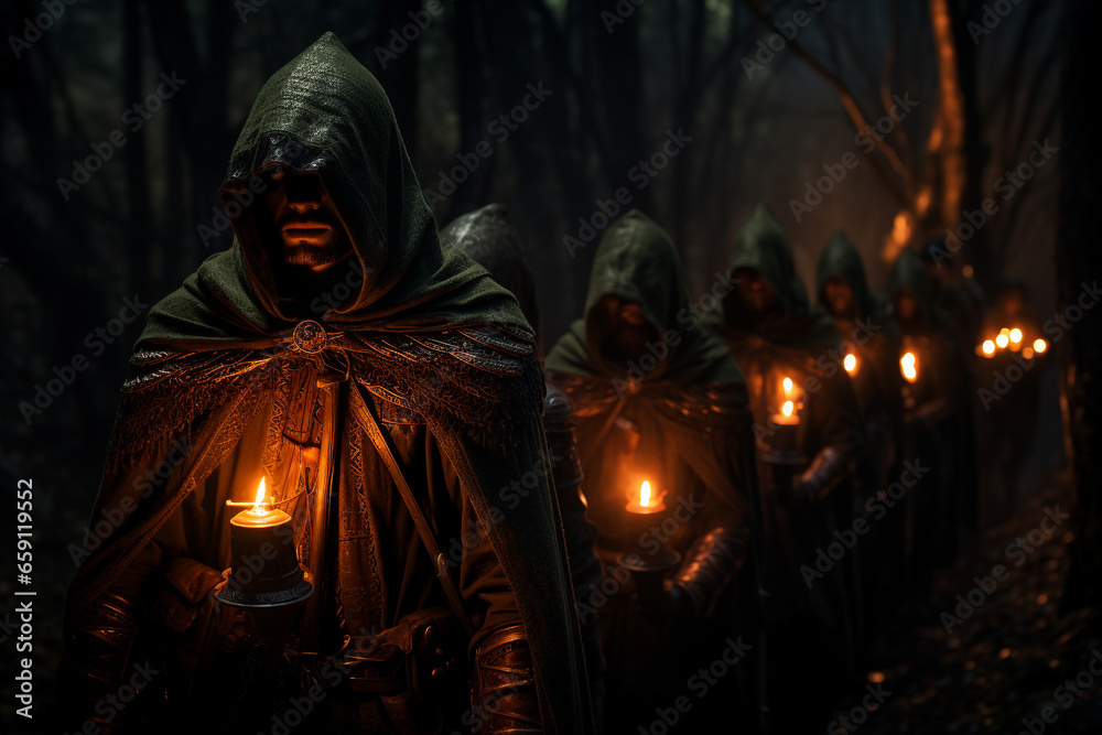 Group of mysterious monks from a secret order of the Middle Ages carry ...