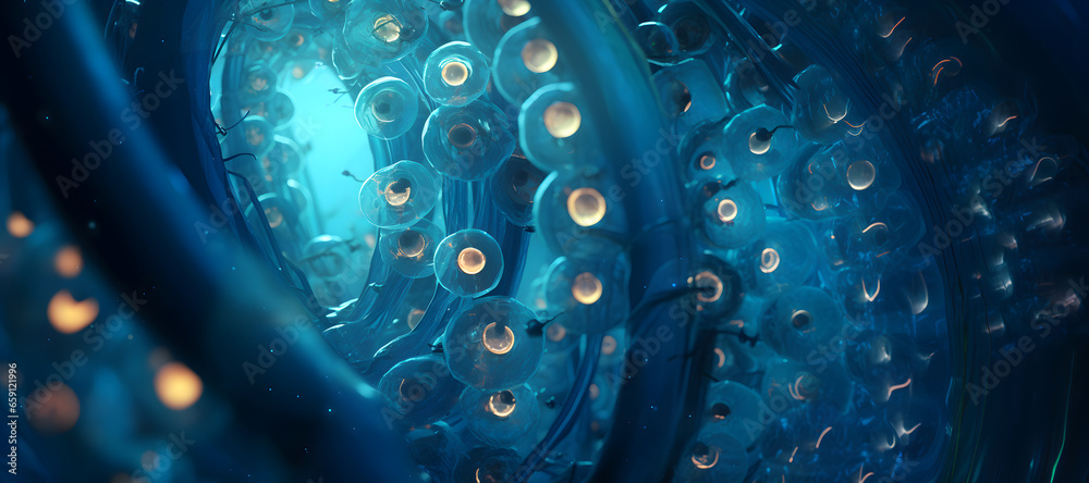 A blue and yellow image of many small spheres. The spheres are all ...