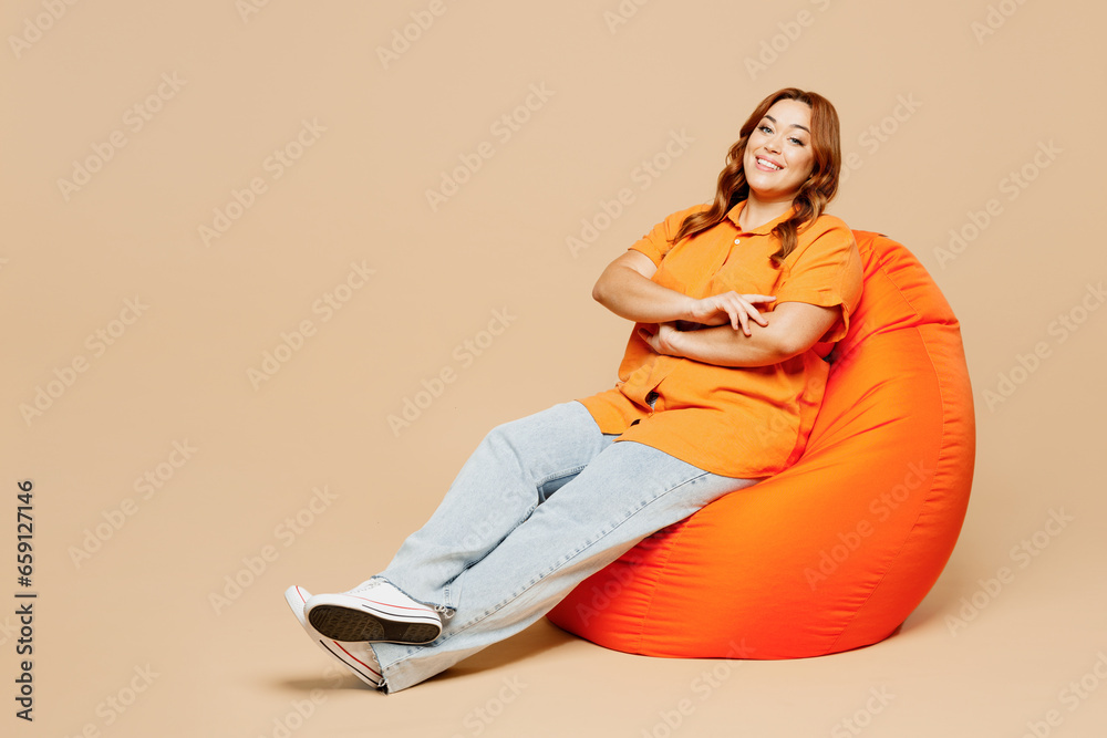 Full body happy young ginger chubby overweight woman wear orange shirt ...