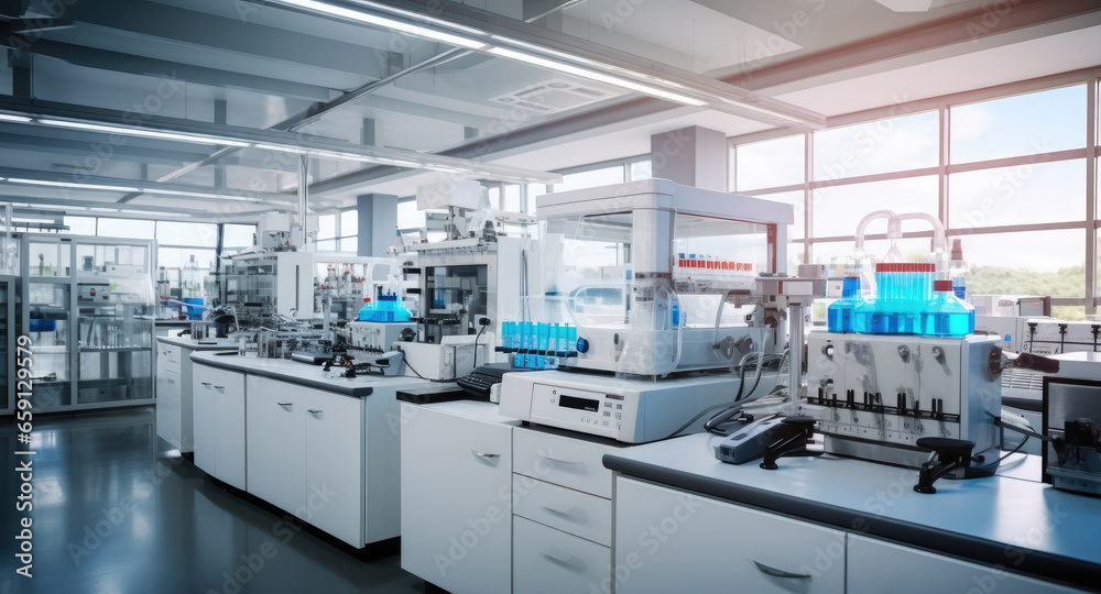 Modern Science Laboratory With Computers, Microscopes, Test Tubes And ...