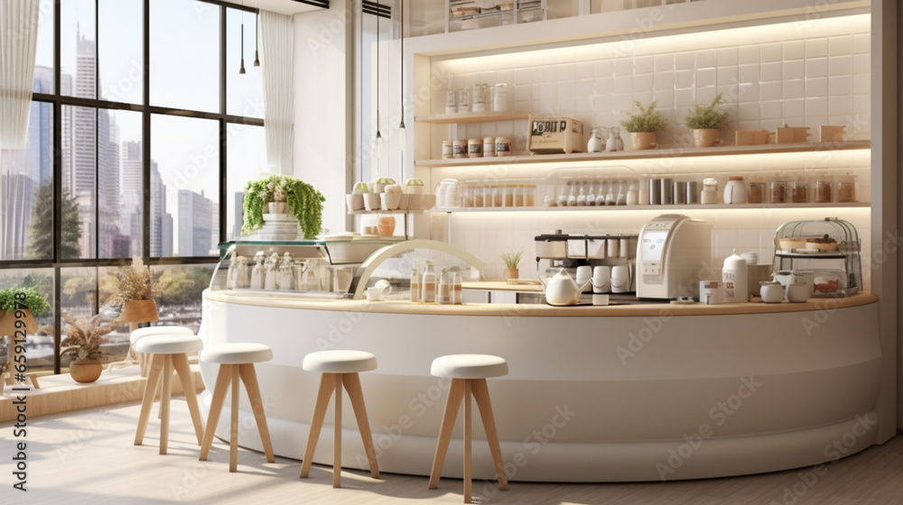 Small modern Korean style design cafe glossy ivory white round corner ...