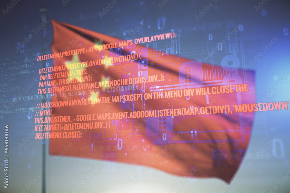 Multi exposure of abstract programming language hologram on flag of ...