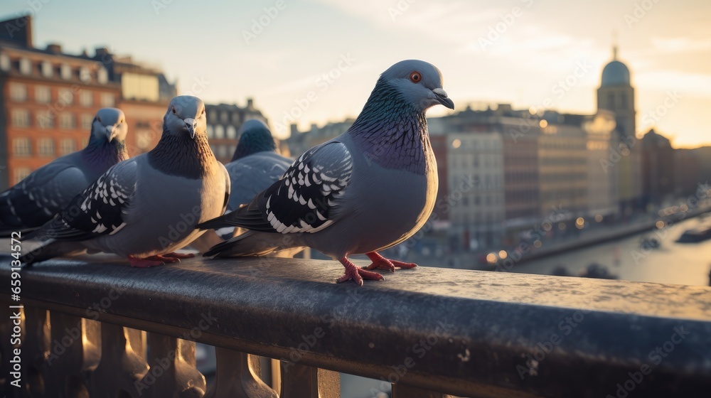 Feathered friends in the city: Pigeons cuddle on a rooftop railing ...