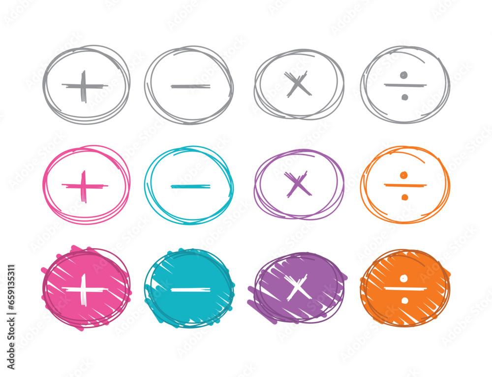 hand drawing four process symbols in mathematics. scribble addition ...