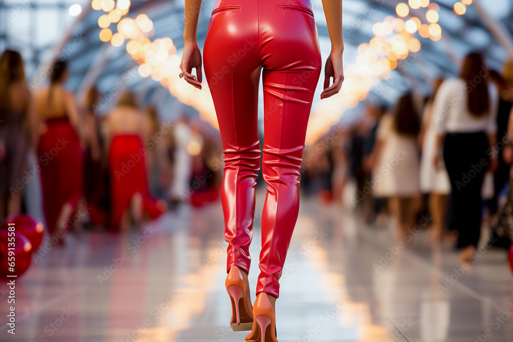 Fashion model wearing red stylish leather pants and high heels walking ...
