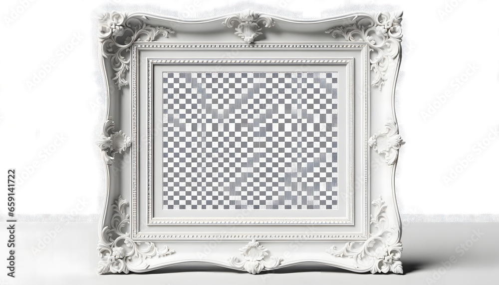 Render of a vintage white picture frame with ornamental details, placed ...