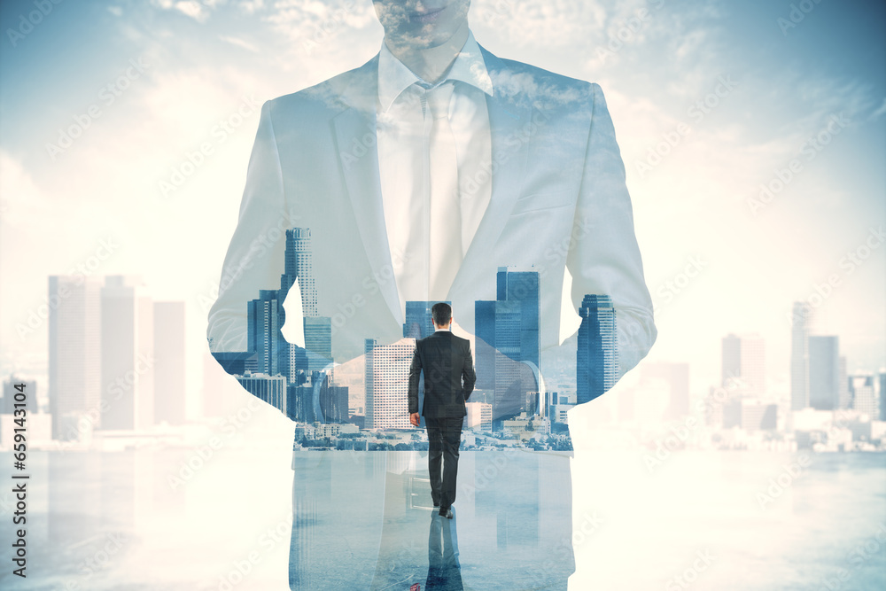 Young businessman standing on white bright city background with mock up ...