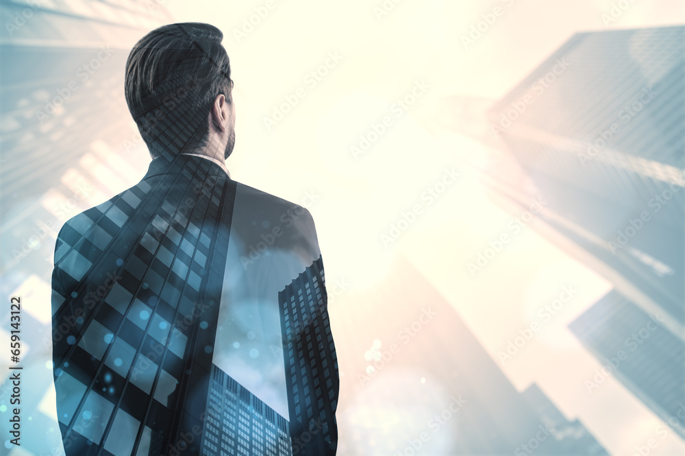 Young man standing on white bright city background with mock up place ...