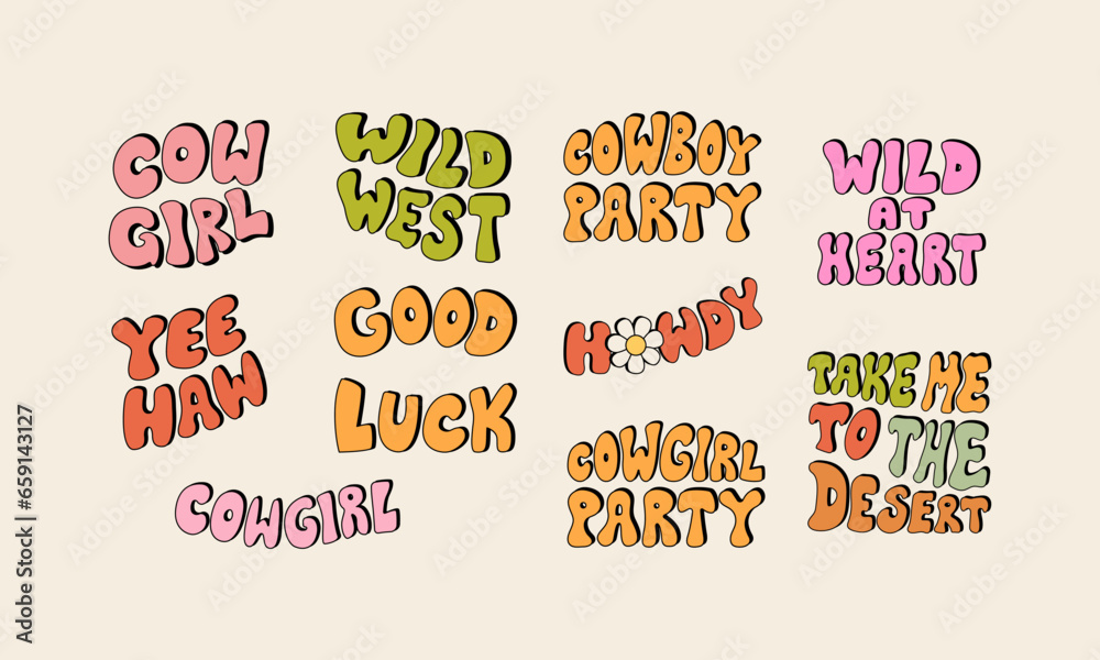 Set of western vector groovy lettering. Wild west, cowgirl, cowboy ...