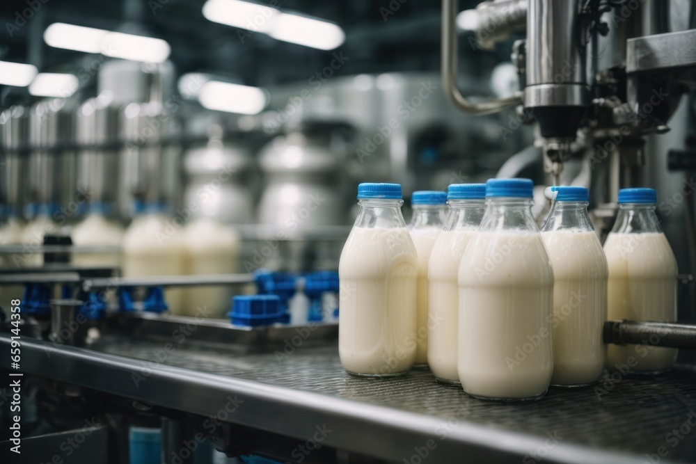 Milk bottles on a conveyor belt in a modern dairy factory. Filling milk ...