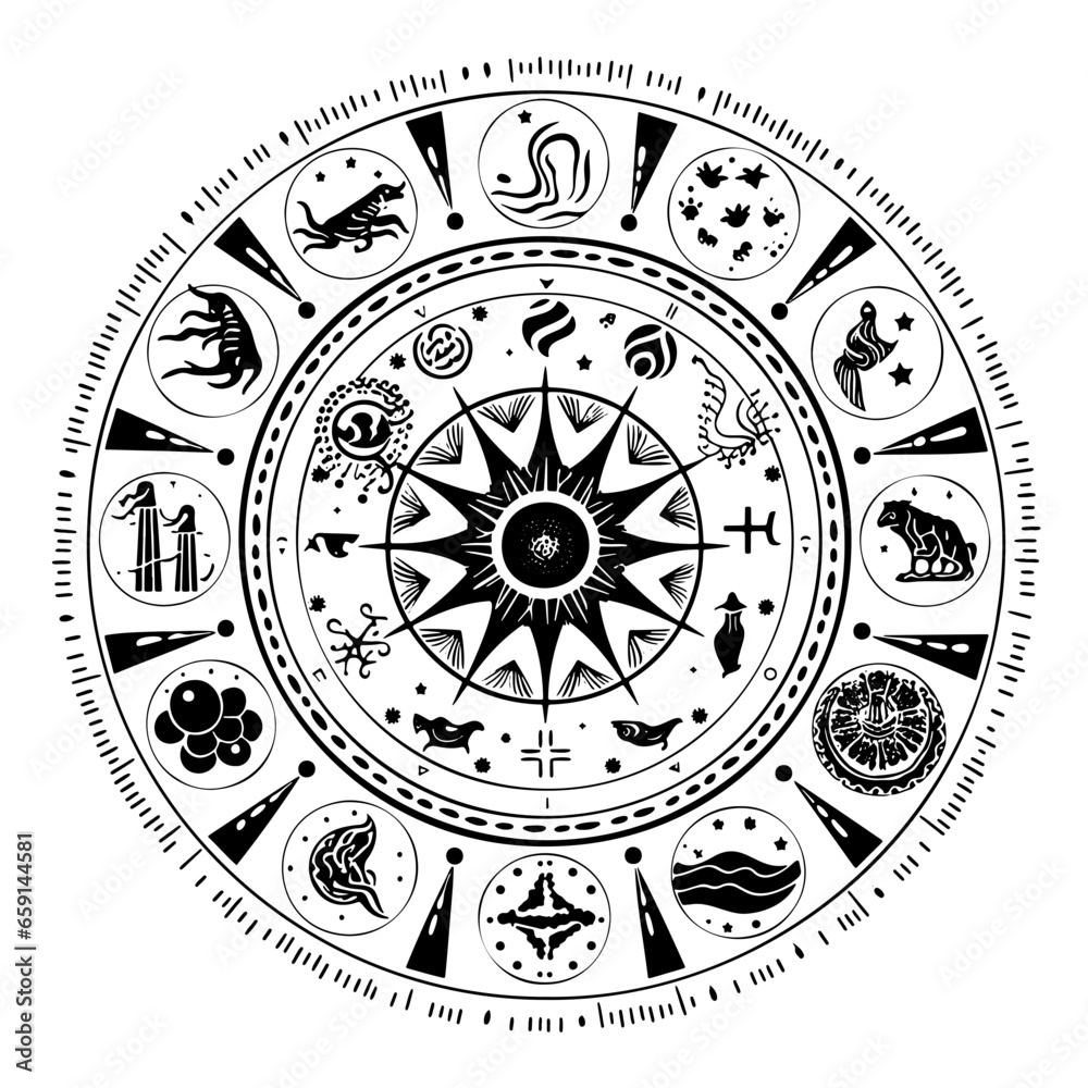 A mystical zodiac wheel with engraved symbols, celestial elements, and ...