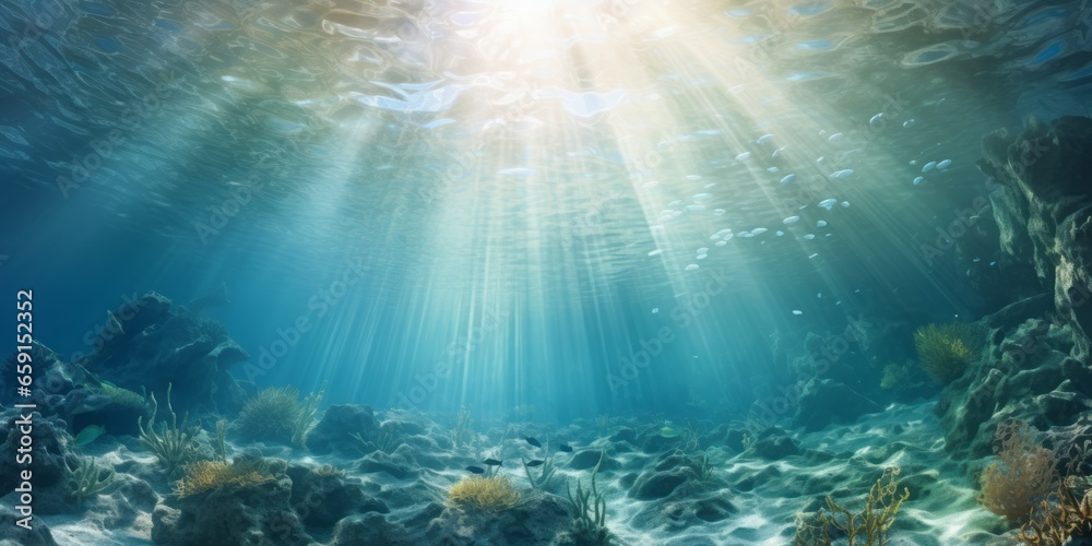 An Underwater Ocean Overview with Sun Rays Illuminating the Submerged ...