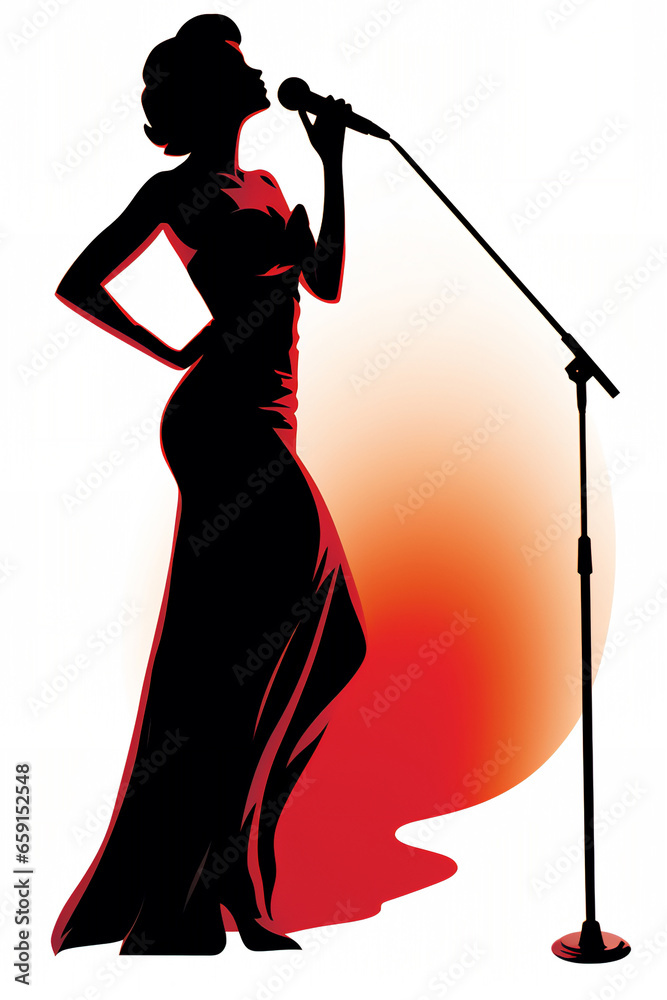 Silhouette of a female diva vocalist singing with a microphone which is ...