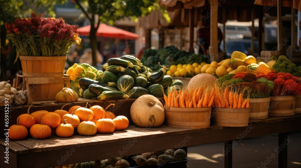 the vibrant colors and variety of fresh produce at a bustling farmers ...